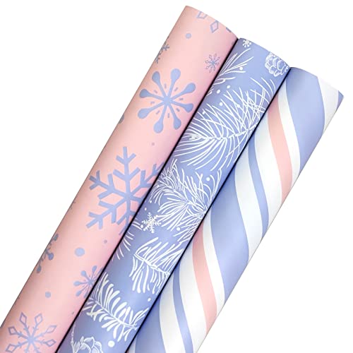 LDGOOAEL Mini Short Small Christmas Wrapping Paper Roll with Cut Lines on Reverse (17" X 120" Per Roll) - Pink Snowflakes & Purple Pine for Holiday, Birthday, Wedding, Baby Shower
