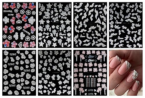 JMEOWIO 7 Sheets 3D Embossed Flower Nail Art Stickers Decals Self-Adhesive Pegatinas Uñas 5D Spring Summer Floral Nail Supplies Nail Art Design Decoration Accessories