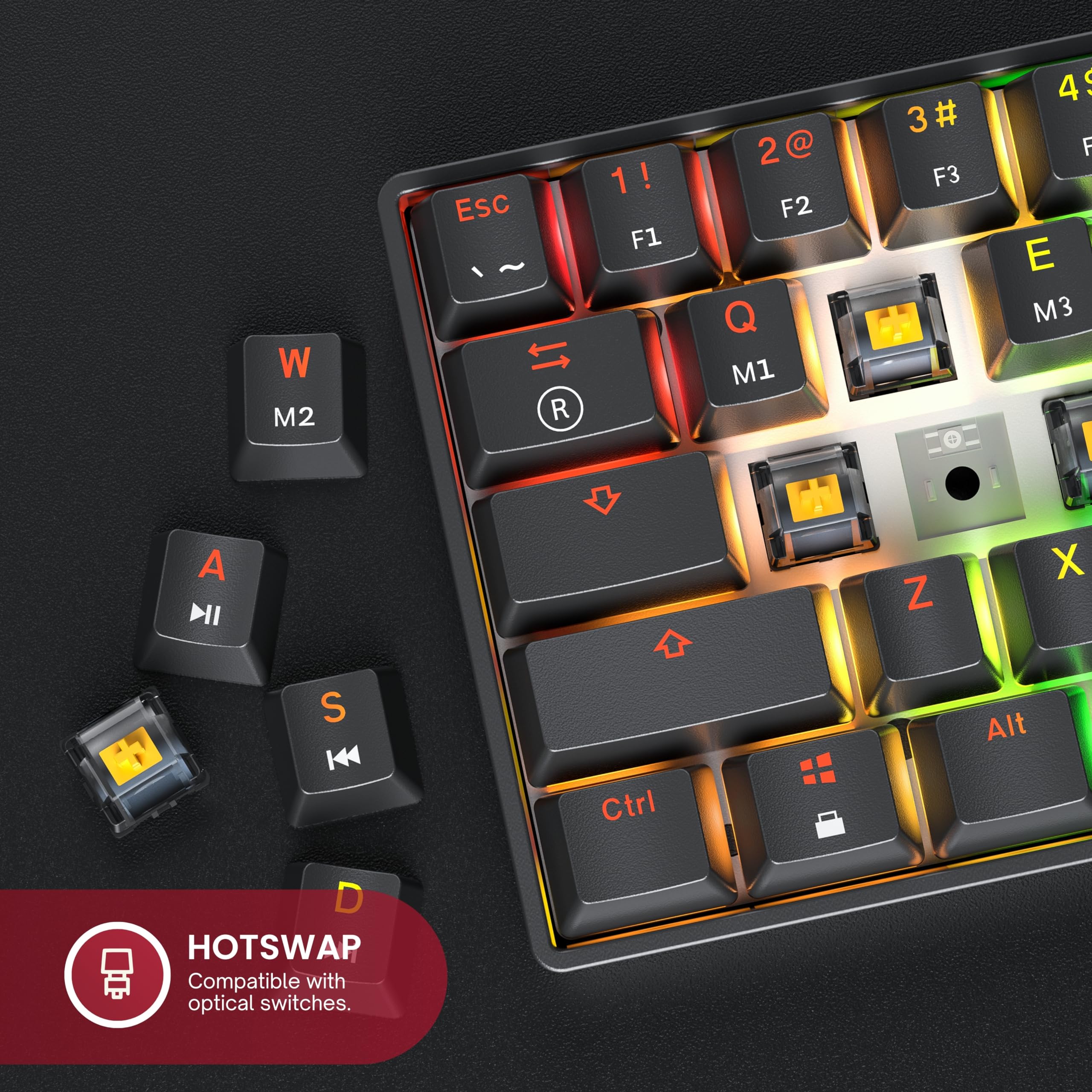 GK61 Mechanical Gaming Keyboard - 61 Keys Multi Color RGB Illuminated LED Backlit Wired Programmable for PC/Mac Gamer (Gateron Optical Yellow, Black)