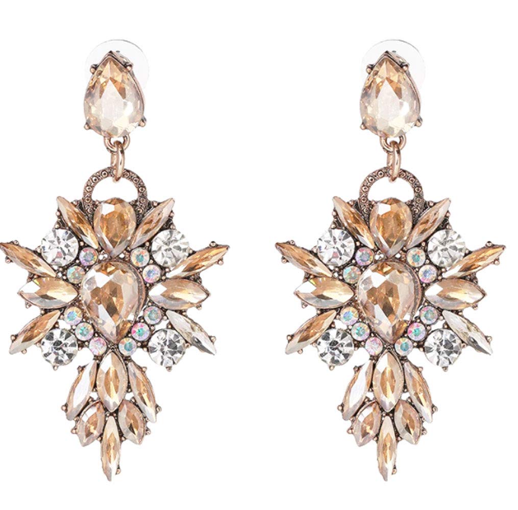 Extra LARGE Antique Retro Art Deco Vintage Style Citrine Amber Champagne Topaz Chunky Statement Rhinestone Pageant Drag Queen Bridal Prom Wedding Earrings