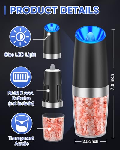 Gravity Electric Pepper and Salt Grinder Set, Adjustable Coarseness, With LED Light, One Hand Automatic Operation, Stainless Steel Black, (2 Pack Black)