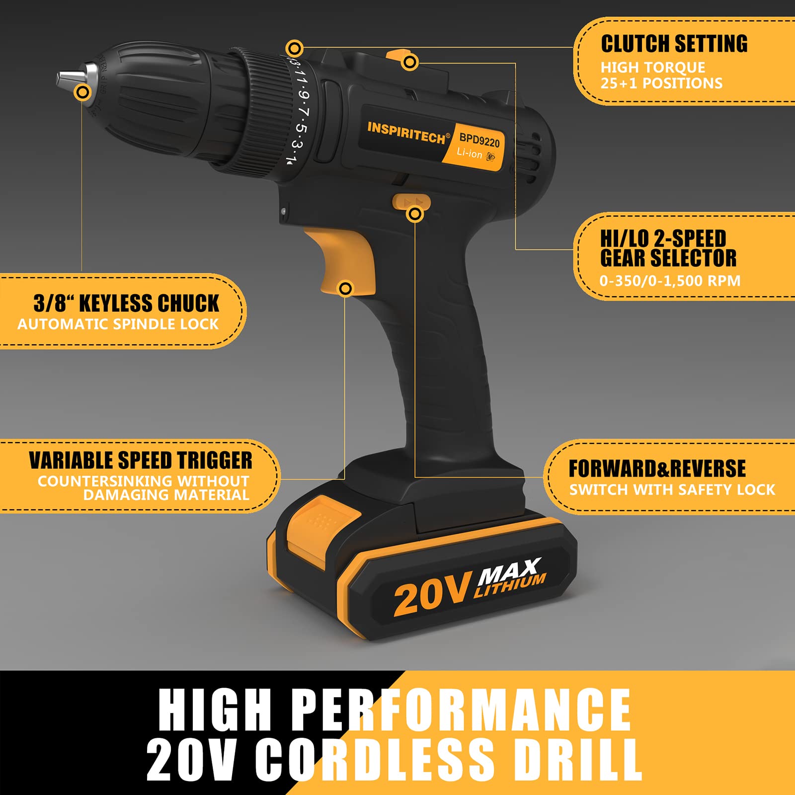 INSPIRITECH 20V Cordless Drill, Power Drill Set with 2 Batteries and Charger,3/8-Inch Chuck Electric Drill Kit with 24-Torque Setting, Drill Driver Bits and Tool Bag Included