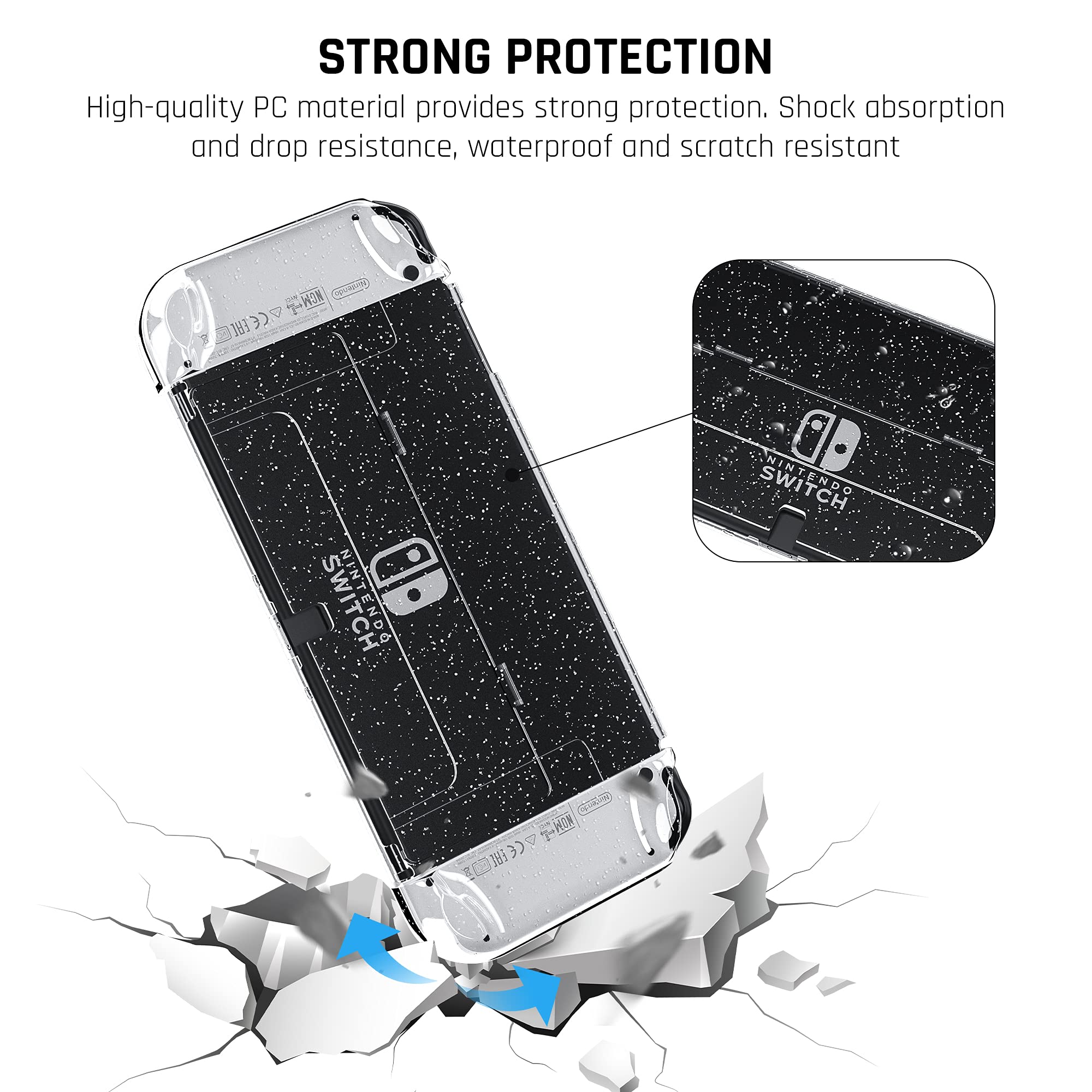FUNDIARY Dockable Case for Nintendo Switch OLED Model 2021, Protective Cover Case for Switch OLED with Tempered Glass Screen Protector and 12 Thumb Grip Caps - Glitter Clear