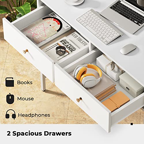 SUPERJARE 35.4" White Desk with 2 Drawers, Modern Makeup Vanity Desk with Padded Stool, Small Computer Desk Home Office Desk for Writing Study Bedroom