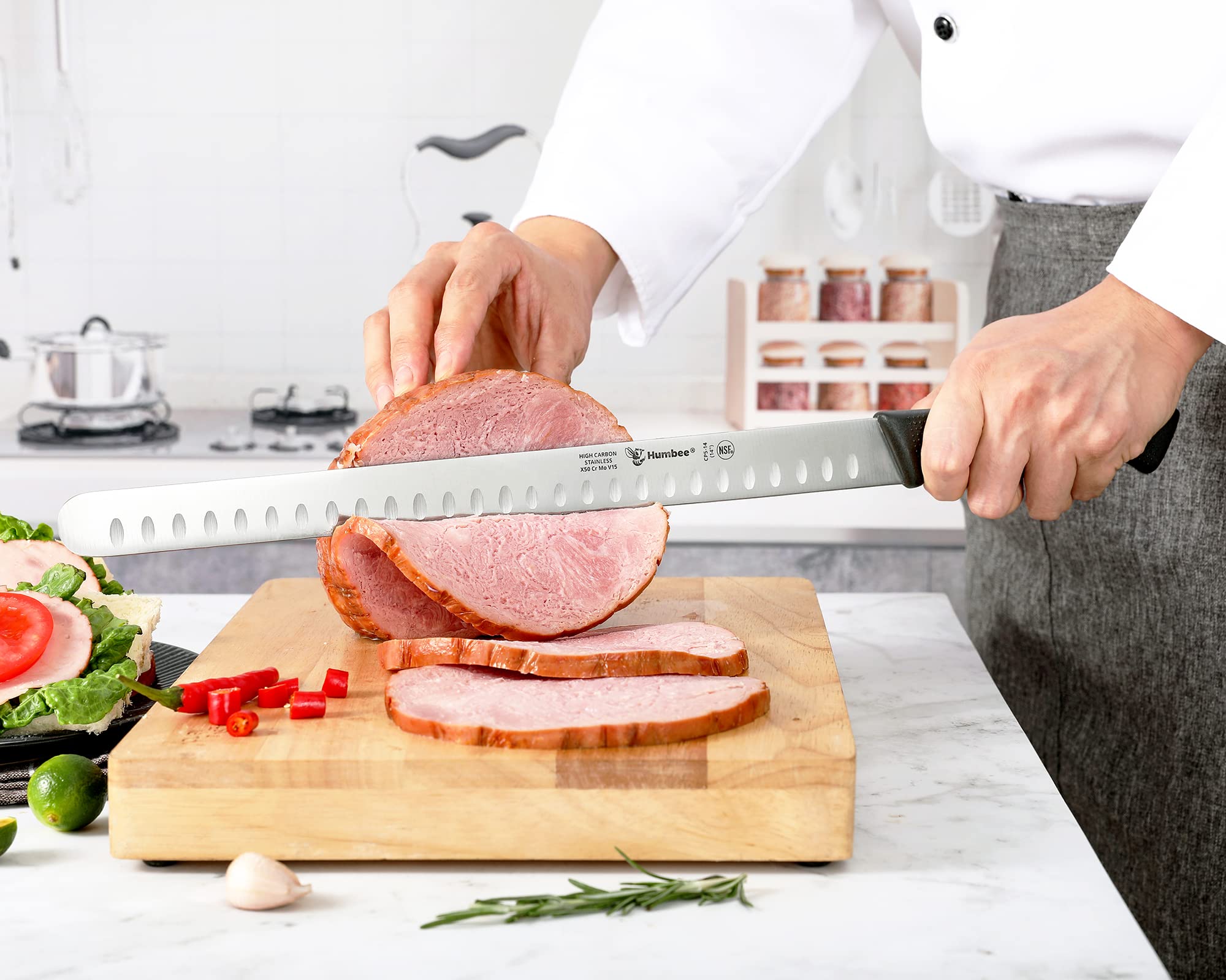 Humbee Chef 14-Inch Carving Knife with Granton Edge for Turkey Ham Meat Slicing and cutting NSF Certified CP5-14 Black