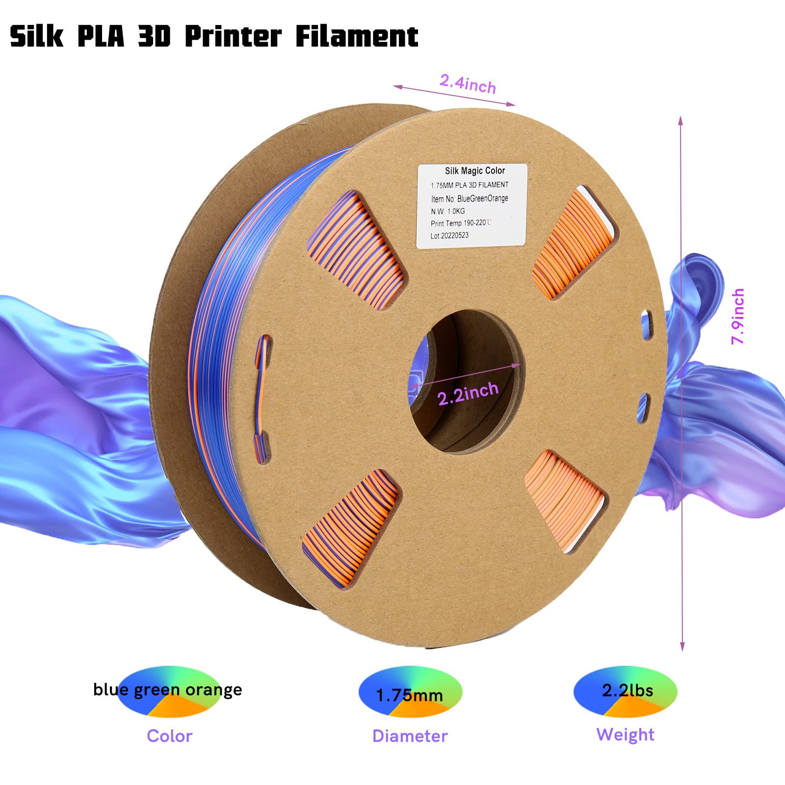 Nswern Silk Magic PLA 3D Printer Filament, Tri-Color Silk Shiny Filament Color Change Material 1.75mm +/- 0.02mm,1 kg/Cardboard Spool
