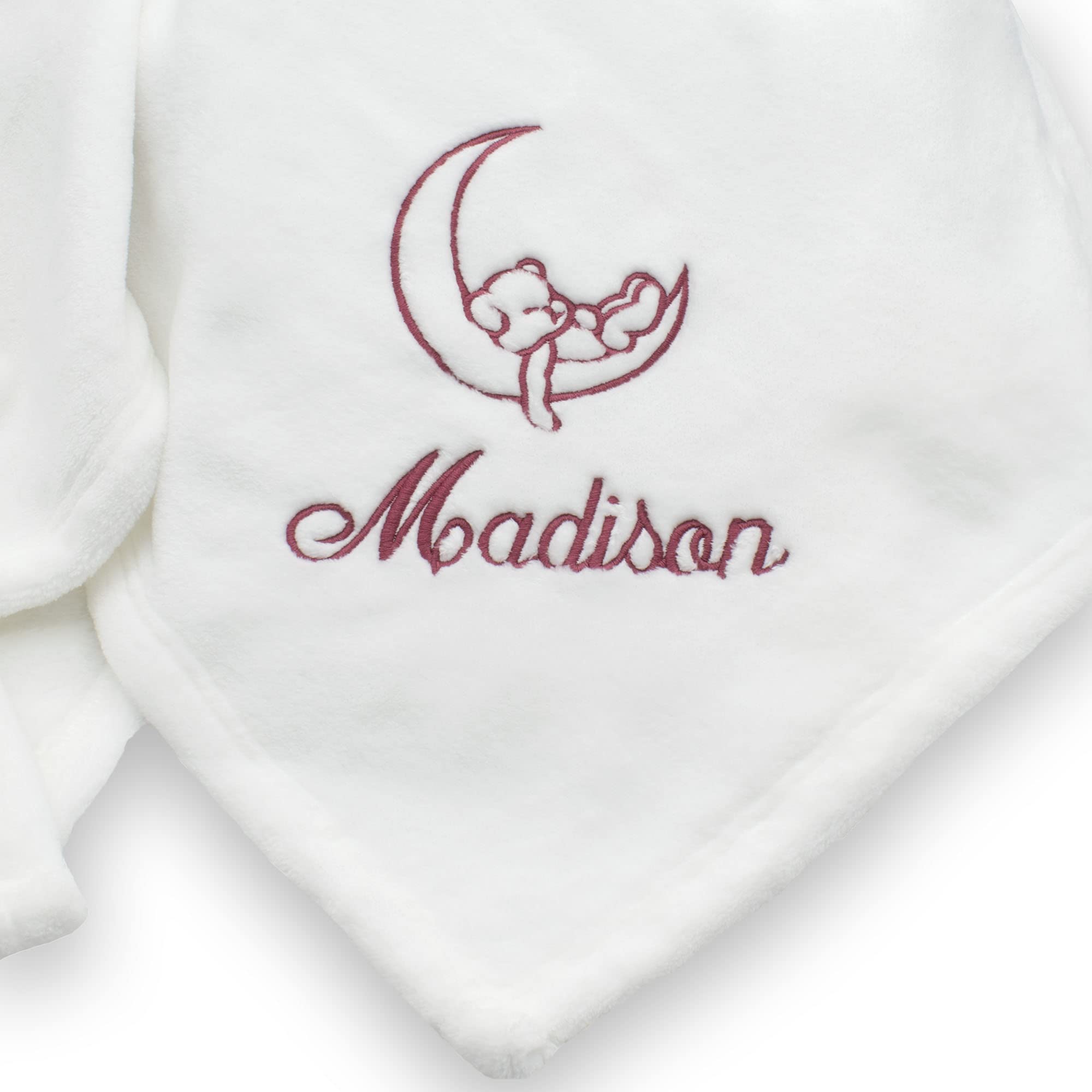 Tender Loving Stitches - Soft White Baby Blanket - Personalized with Baby’s Name and Cute Moon and Bear