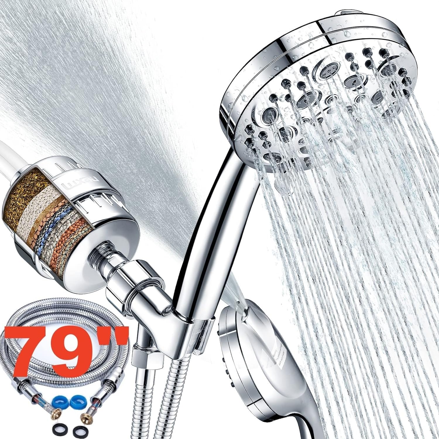 Filtered Shower Head Combo, Includes 79" Hose, 20 Stage Shower Filter Head, High Pressure Handheld Spray Showerhead, Shower Arm Mount Holder, for Hard Well Water Chlorine, Chrome (S60)