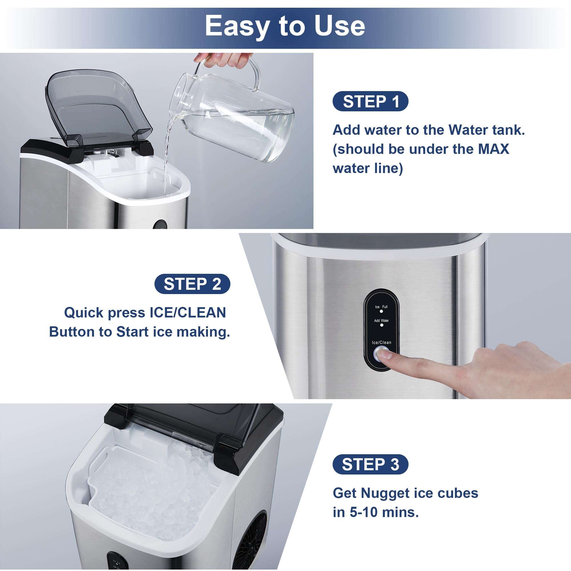 HUMHOLD Nugget Ice Maker Countertop, 33Lbs Chewable Pebble Ice Per Day, Auto Self Cleaning, Crunchy Pellet Ice Cubes Maker Machine, Portable Compact Design for RV/Home/Kitchen/Office