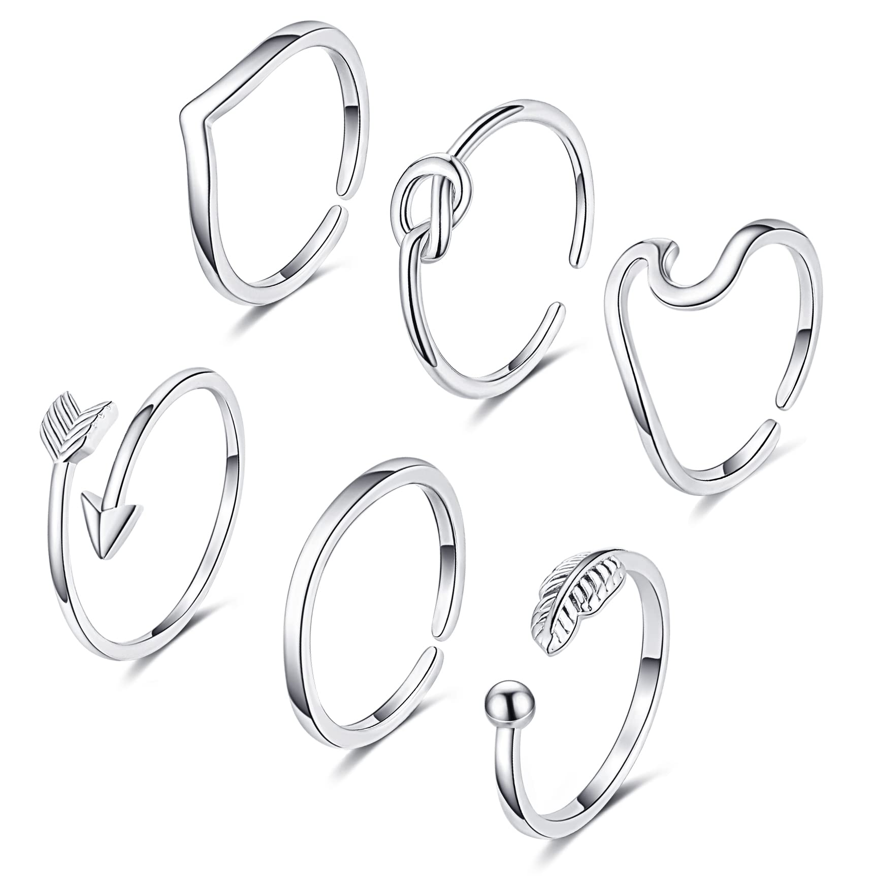 FUNEIA 6PCS Arrow Knot Wave Rings for Women 14K Gold Plated Adjustable Stackable Thumb Open Rings Set