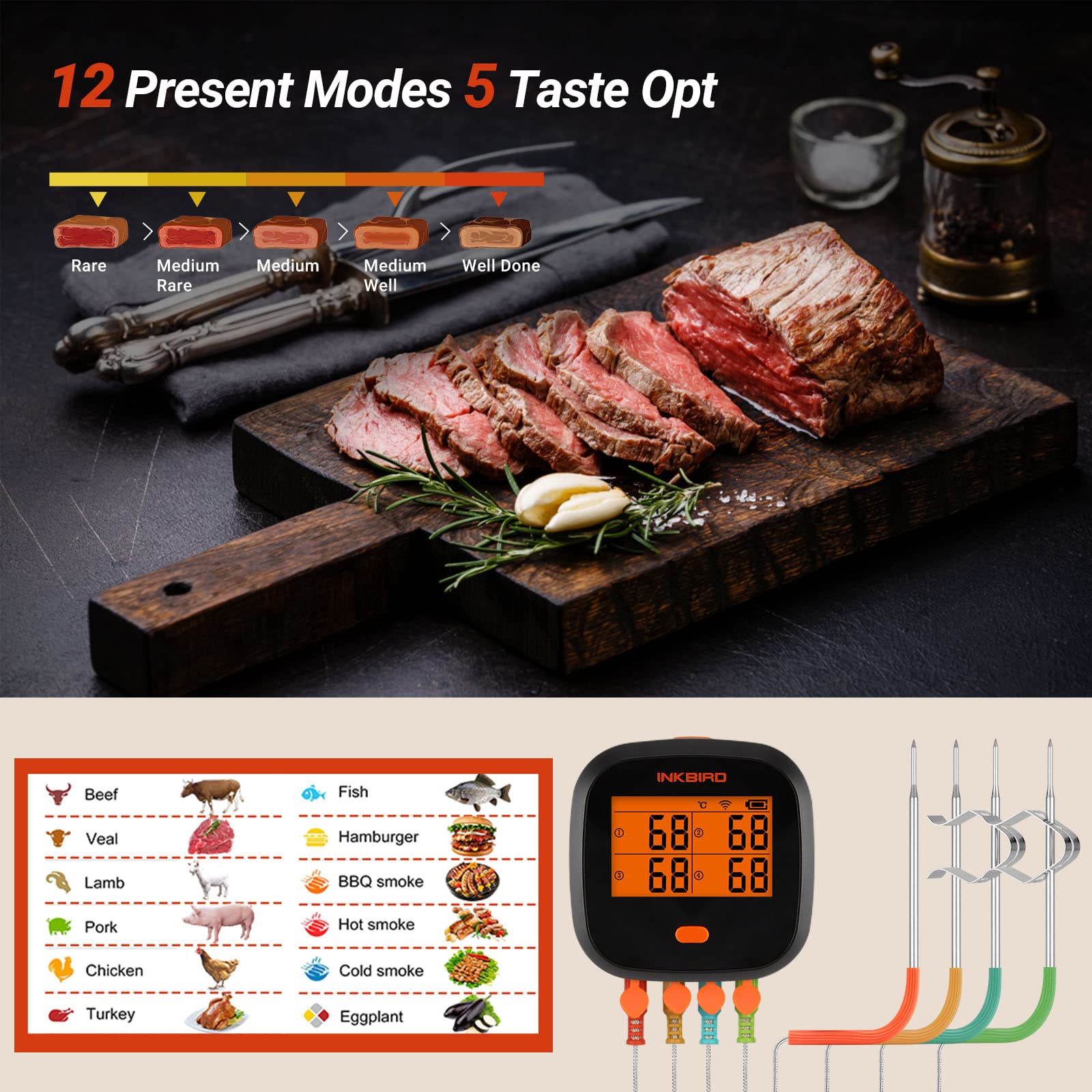 Inkbird WiFi Grill Thermometer, Wireless BBQ Thermometer for Grilling Roasting Cooking Smart Digital Remote Meat Thermometer with Graph Alarm Timer 4 Probes Rechargeable