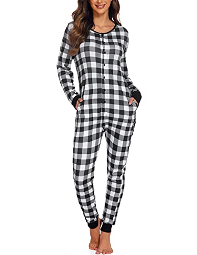 Ekouaer Warm Onesie Pajamas for Women Adults Button Down Plus Size Black Plaid One Piece PJs Black/White Plaid XXL