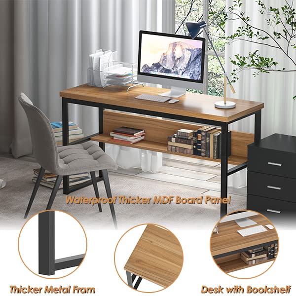 DlandHome 55 inch Computer Desk with Storage Shelf Underneath, Office Trestle Desk Desk, Writing Table Workstation Table with Bookshelf for Home Office, LD-JB01OK