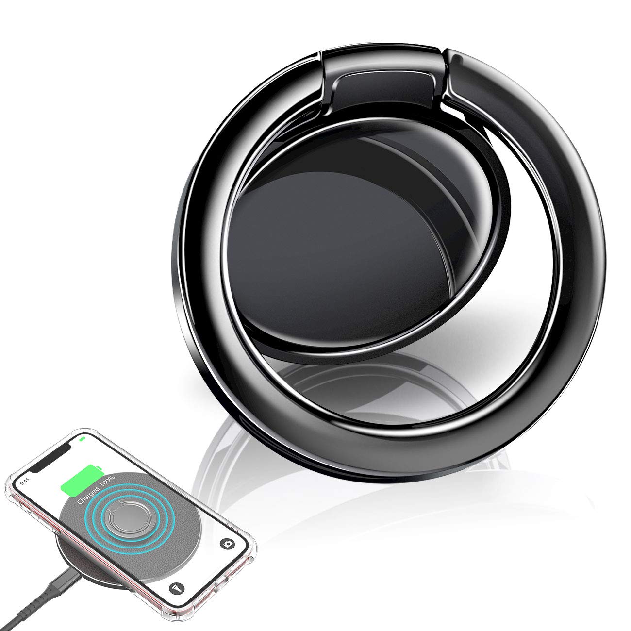 eSamcore Phone Ring Holder – Wireless Charger Friendly Ceramic Finger Ring Holder Kickstand [3mm Ultra-Thin] Compatible with Wireless Charging Cell Phone for iPhone Samsung Galaxy [Black]