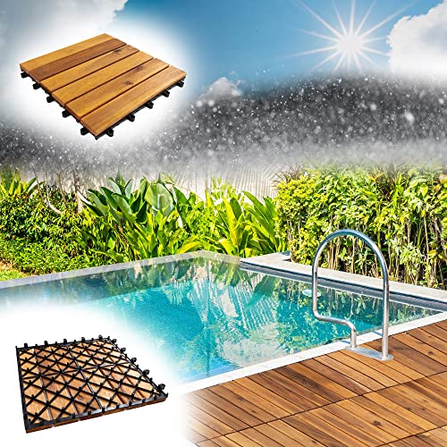 YAMAZING 12βx12β Solid Wood Interlocking Flooring Tiles (Pack of 9), Acacia Hardwood Deck Tiles, Floor Tile for Both Indoor & Outdoor Use, Patio Garden, Waterproof All Weather, 6 Slat (9 Sq Ft)