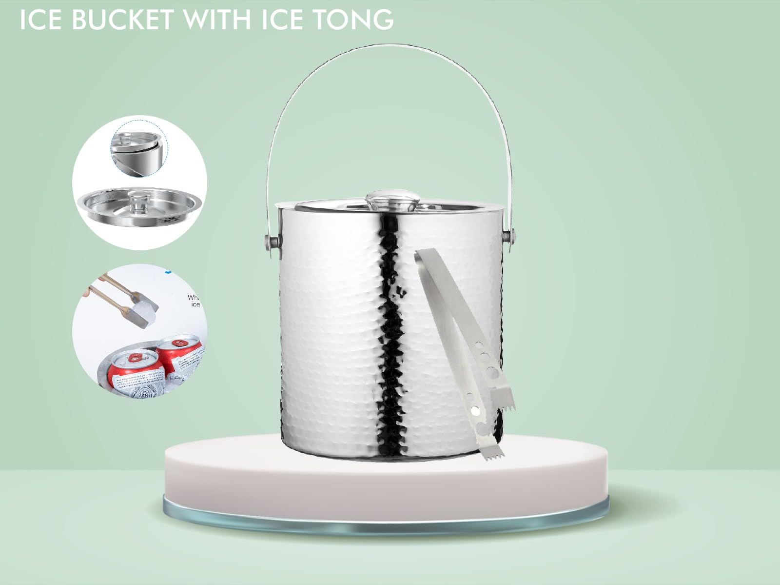 Ice Bucket With Lid, Insulated Hammered Ice Bucket for Cocktail Bar with Ice Tong, Double Walled Stainless Steel, 1.75 L, 1.84 Quarts, Ice Cold For 6 h with Handle (Silver Hammered)