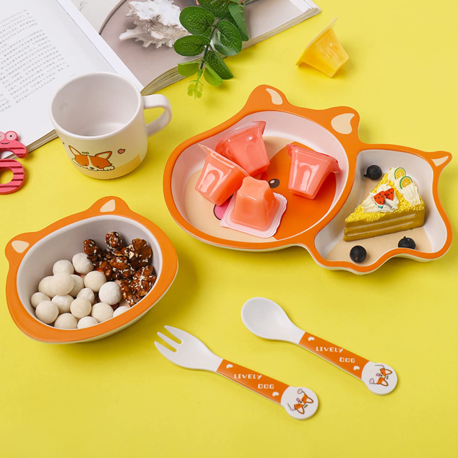 Lacusmall Toddler Plates and Bowls Set,Kids Dinnerware Set,Bamboo Kids Plates and Bowls Sets-5Pcs Kids Dishes Dinnerware Sets with Plate, Bowl,Cup,Fork and Spoon, BPA Free and Dishwasher Safe