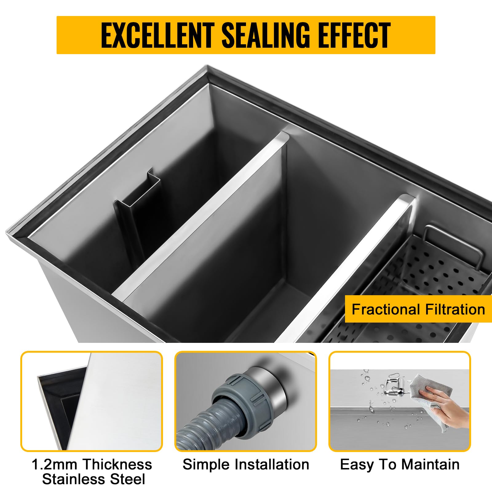 OUKIDR Commercial Grease Interceptor, Stainless Steel Grease Trap For Kitchen Under Sink, Oil-Water Separator With Side Water Inlet,25LB