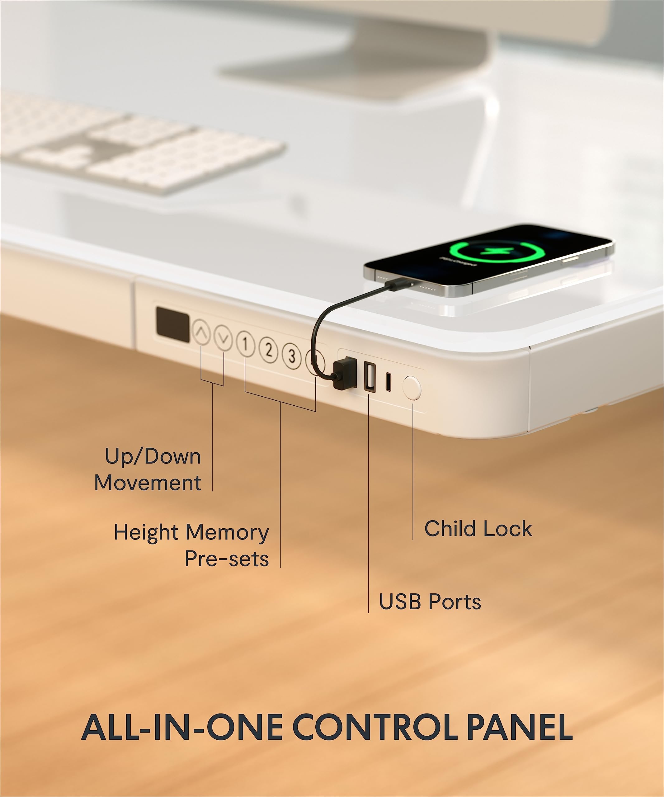 FLEXISPOT Electric Glass Standing Desk with Drawer Desktop & Adjustable Frame Quick Install w/USB Charge Ports, Child Lock (White, Glass)