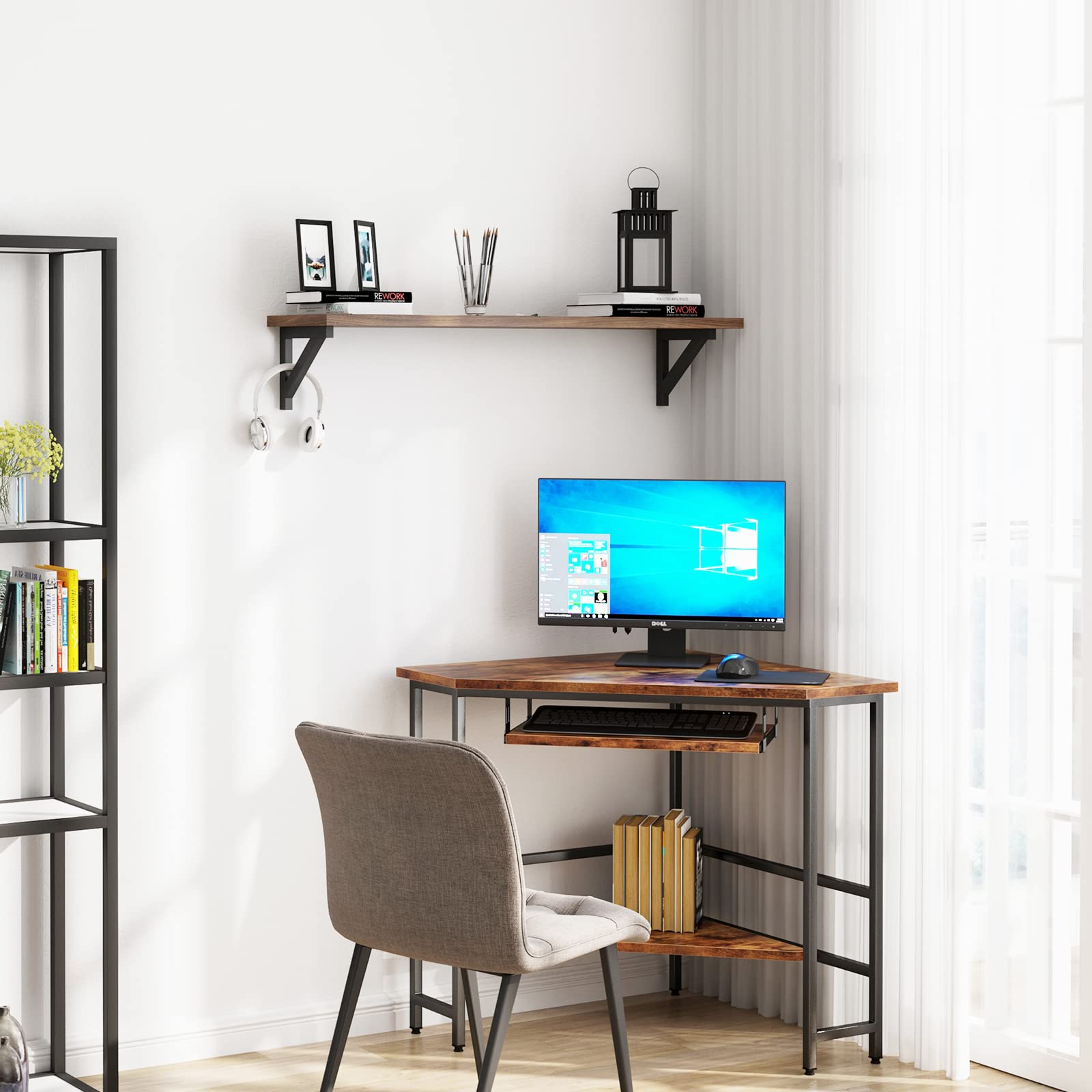 DlandHome Corner Desk Triangle Computer Desk with Keyboard Tray Laptop PC Table Small Desk Corner Computer Desk for Small Space, Triangle Desk with Storage for Home Office,Retro
