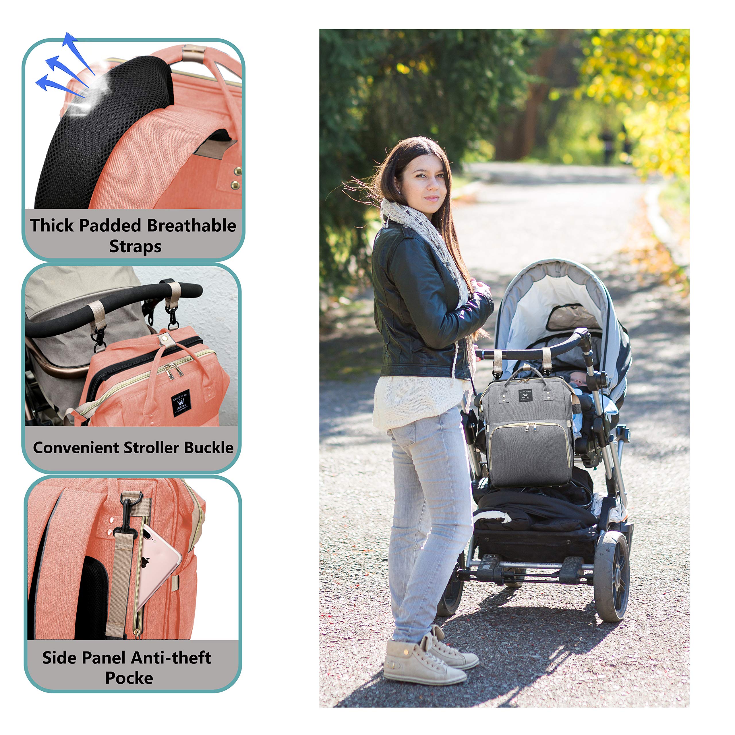 Lamroro Diaper Bag Backpack, Baby Nappy Changing Bags Multifunctional Travel Backpack with Changing Station, Large Capacity, Waterproof, Sunshade, Built-in USB Charging Port Stylish Pink