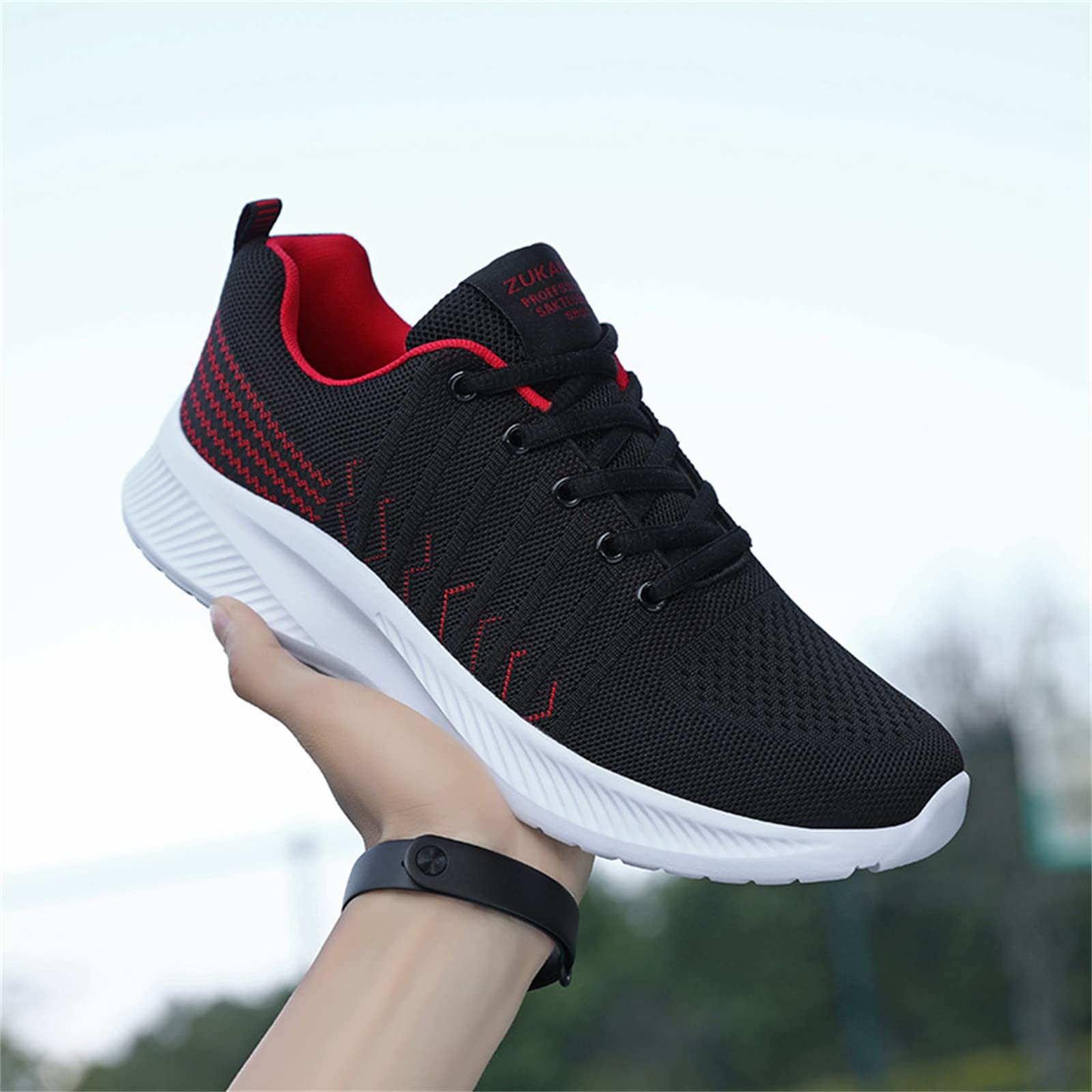FASDNENDYS Men Colorblock Mesh Lace Up Casual Shoes Comfortable Breathable Soft Sole Mens Sneaker 626 Red