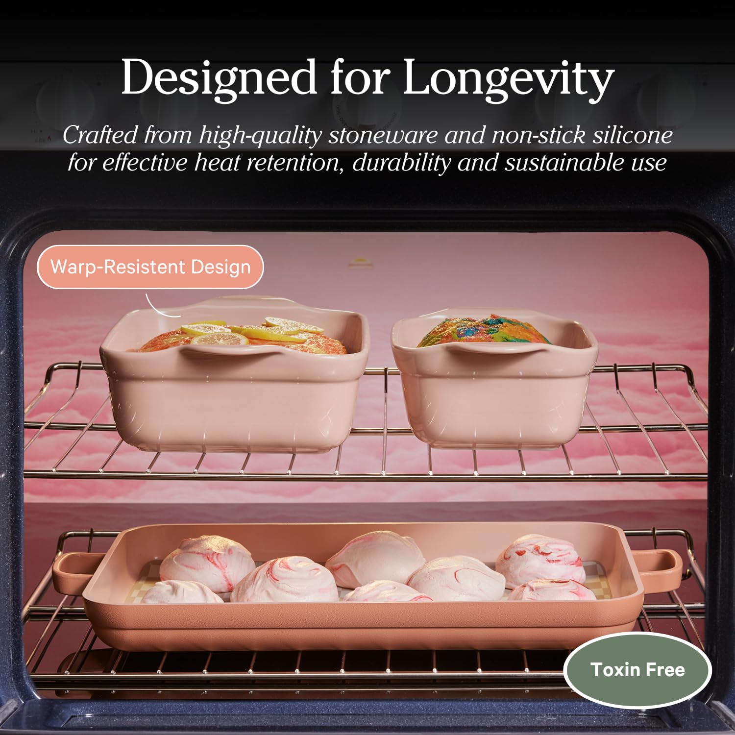 Our Place Bakeware Set | 5-Piece Nonstick, Toxin-Free, Ceramic, Stoneware Set with Oven Pan, Bakers, & Oven Mat | Space-Saving Nesting Design | Oven-Safe | Bake, Roast, Griddle and more | Steam