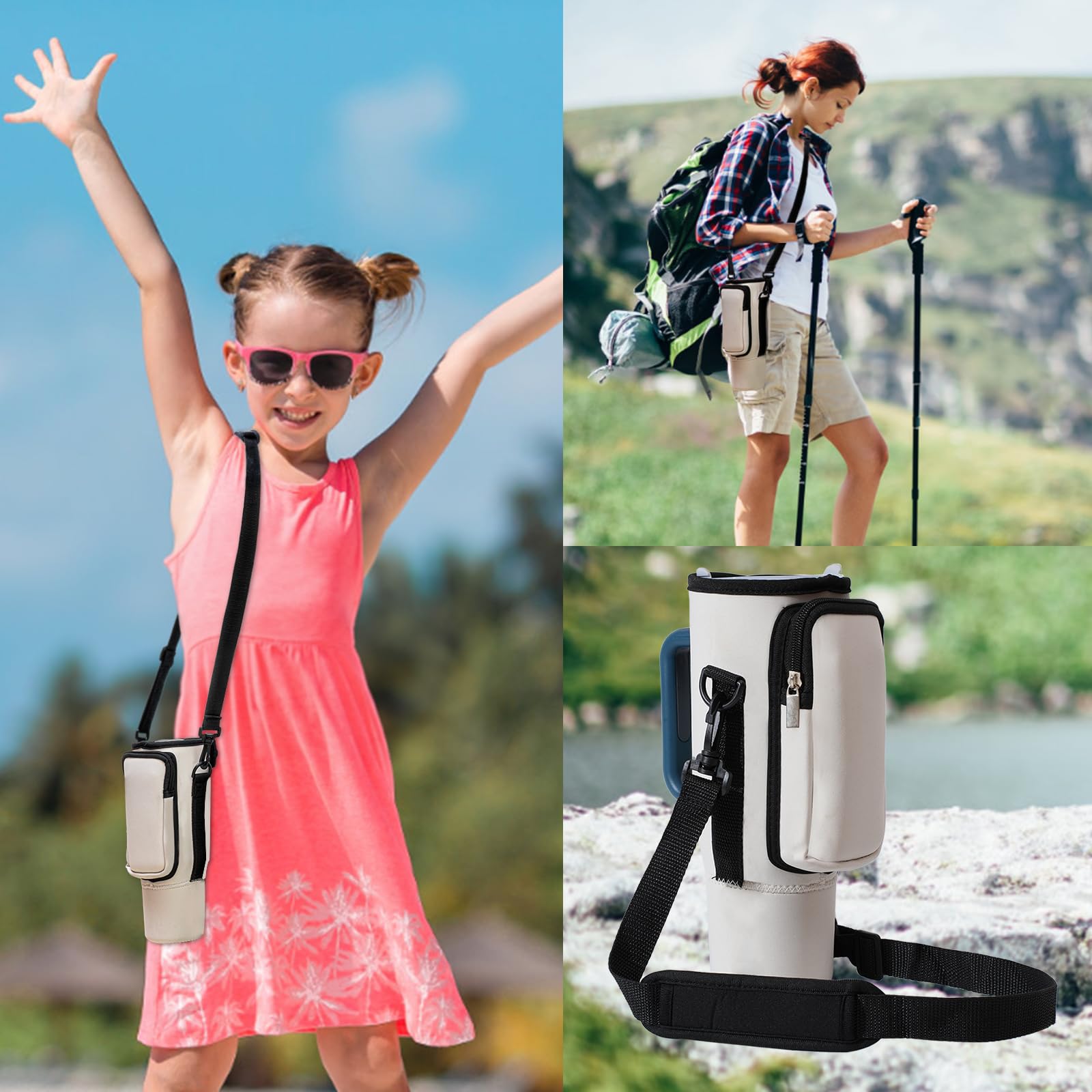 EFOBO Water Bottle Carrier Compatible with Stanley 40oz Tumbler with Handle, Bottle Holder with Adjustable Strap, Pocket and Straw Cover, Cup Accessories for Hiking Travelling Camping (Grey)