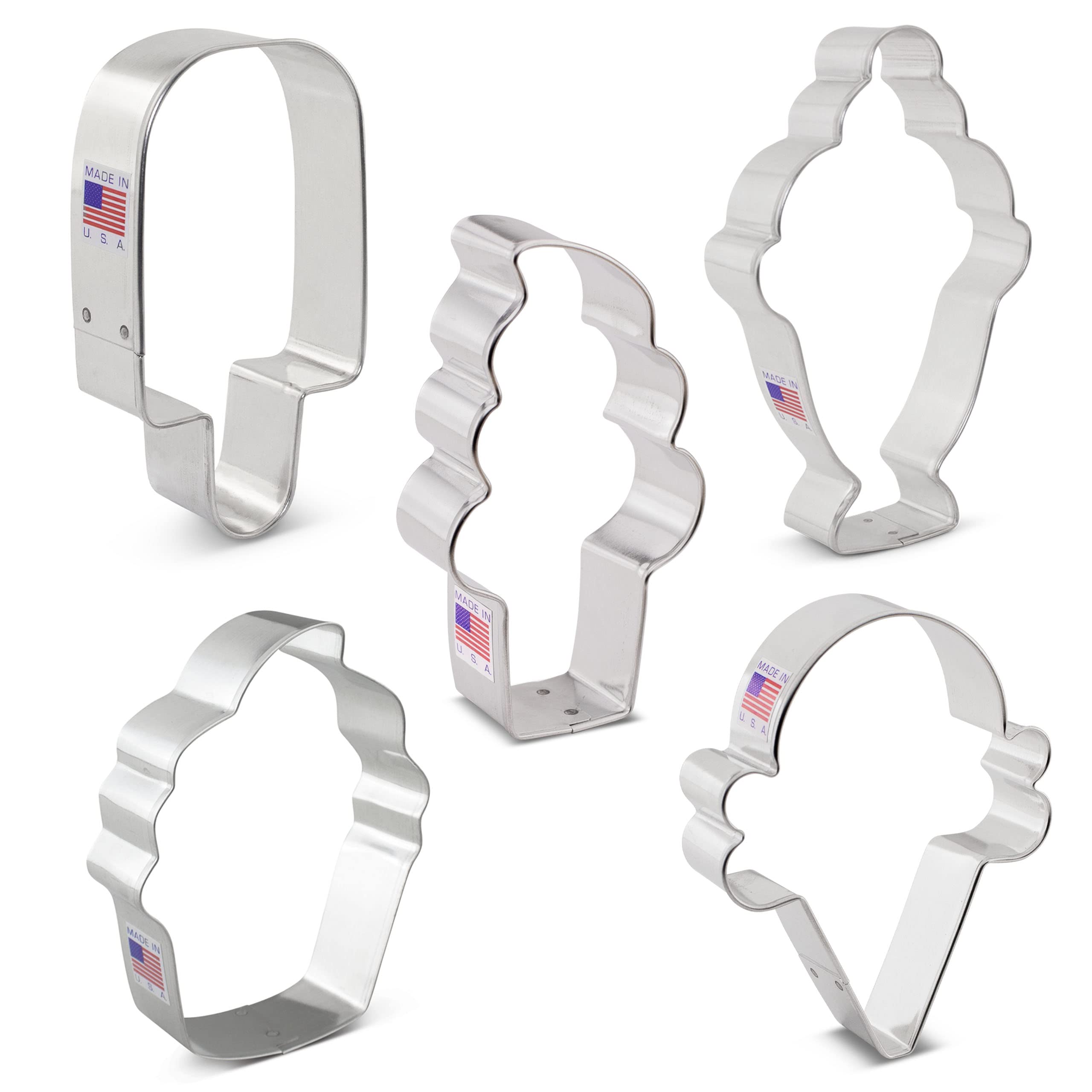 Ice Cream and Sweets Birthday Cookie Cutter 5-Pc Set Made in USA by Ann Clark, Ice Cream Cone, Soft Serve Cone, Popsicle, Ice Cream Sundae