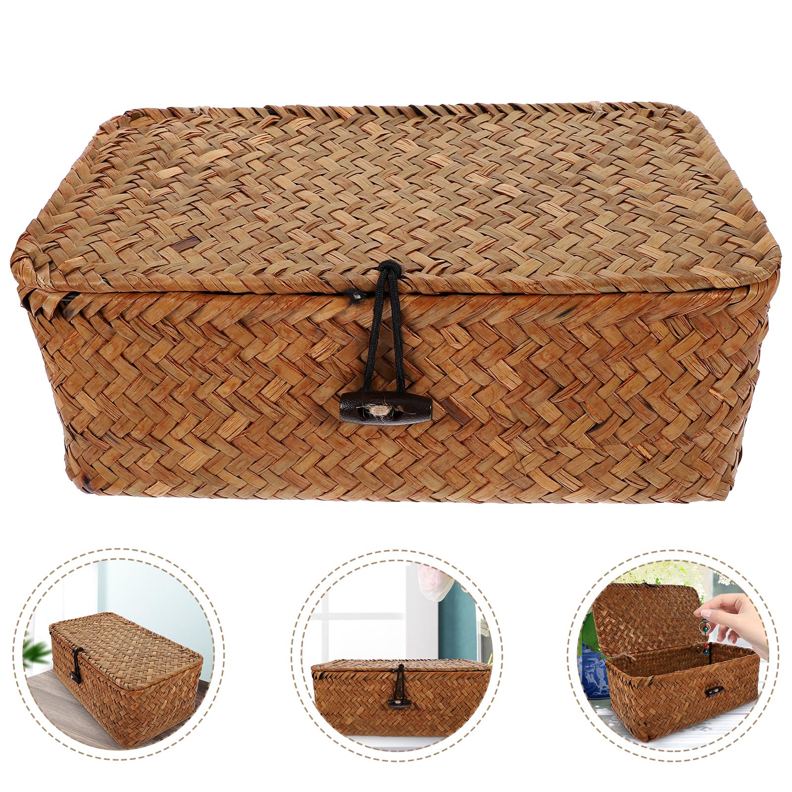 Gatuida Rectangular Wicker Baskets with Lids, Seagrass Storage Baskets with Button Multipurpose Container for Desktop,Size S