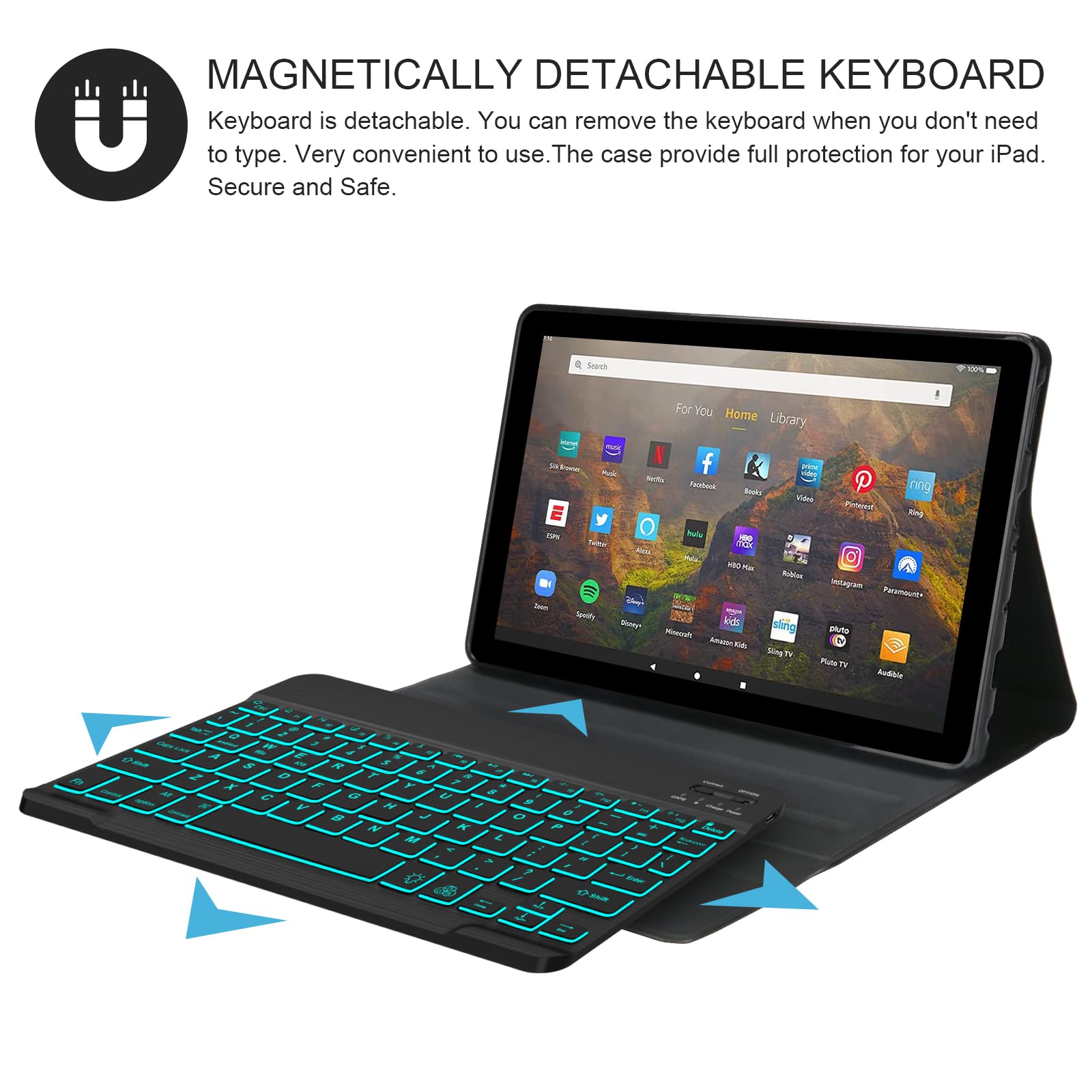 FOGARI Keyboard Case for Galaxy Tab A8 10.5 Inch 2022, Slim Smart Folio Case with 7 Colors Backlit & Magnetic Detachable Wireless Keyboard, Black