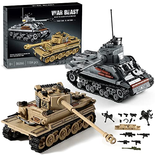 WW2 Army Tank Toys Building Kit, Create a German Tiger Tank and an American M4 Sherman Tank Model, Include 1184 Blocks, Great Military Toy Gift for Boys, Kids, and Teens Age 8-14