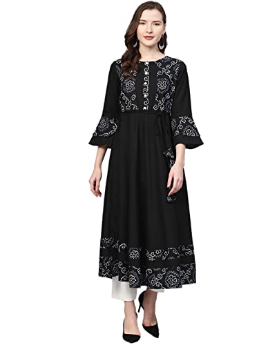 Yash Gallery Women's Cotton Slub Bandhej Print Anarkali Kurtis (Black)