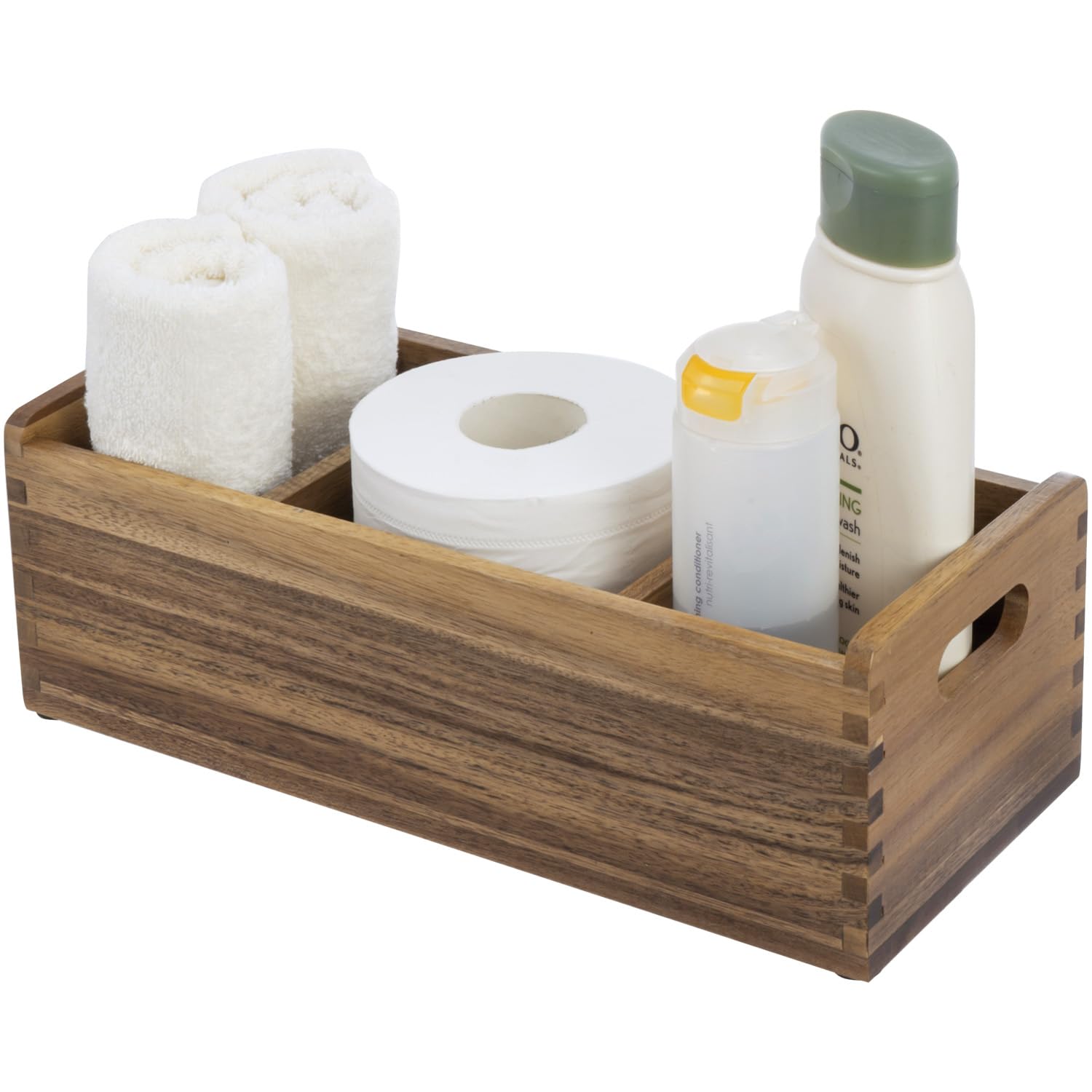 MyGift Modern Bathroom Caddy Rustic Natural Solid Acacia Wood Toiletries Storage Bin and Toilet Paper Roll Holder, Dresser or Vanity Countertop Organizer Basket