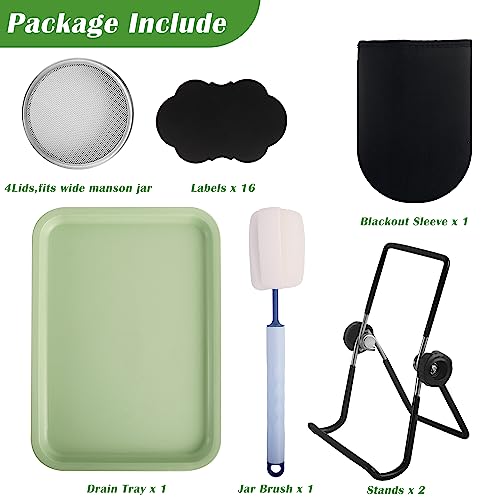 Sprouting Kit, Sprouts Growing Kit with 4 Screen Sprout Lids, 2 Stands, Tray, Blackout Sleeve, Stickers and Brush for Bean, Broccoli, Alfalfa Sprouts (No Manson Jar)