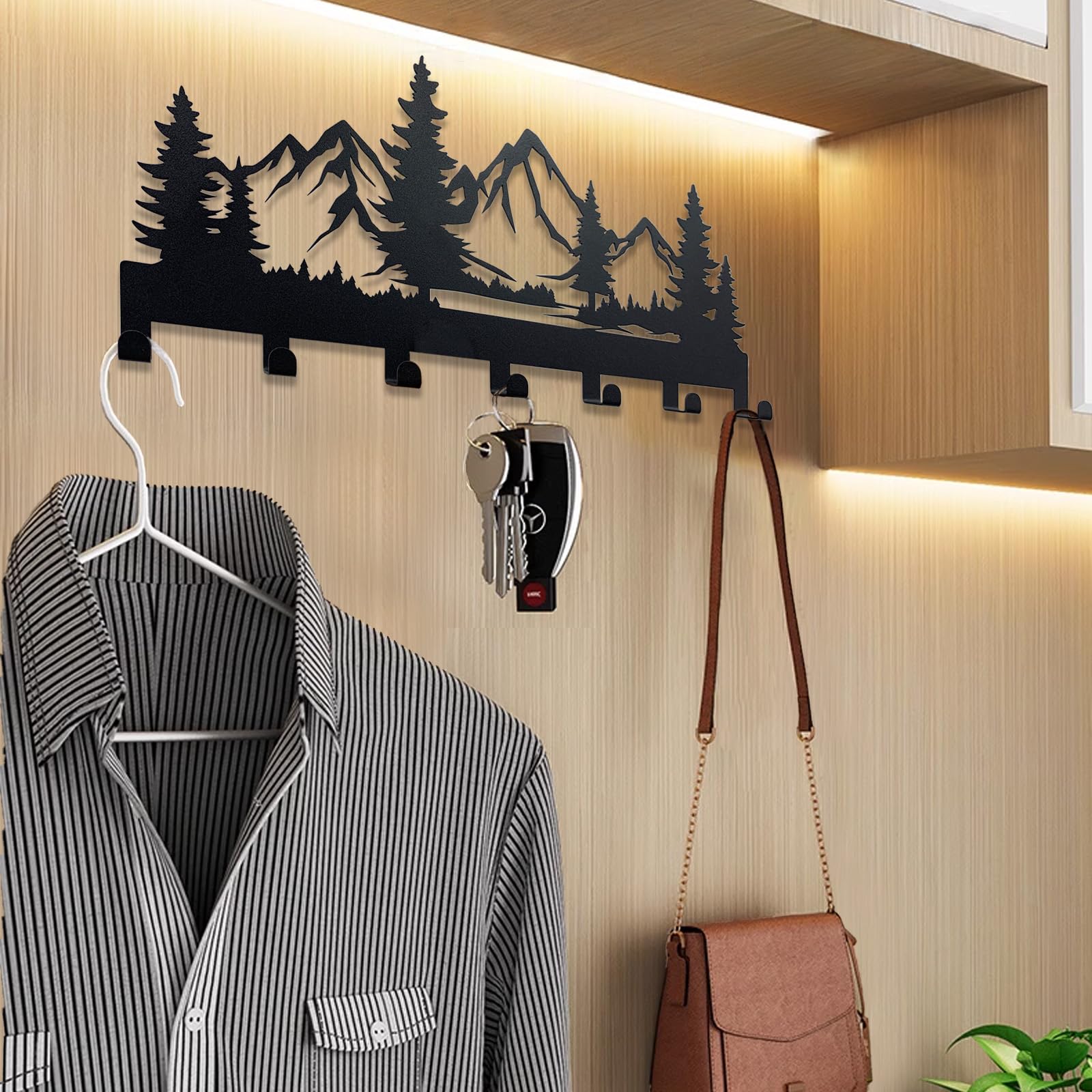 Metal Key Holder, Wall Mounted Key Hooks, Key Holder for Wall, Key Organizer Rack with 7 Hooks, Key Hanger Decor for Kitchen, Entryway, Hallway, Bedroom, Doorway (Mountain 12IN)