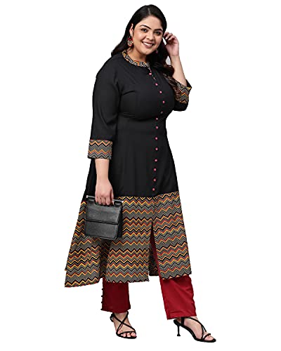 Yash Gallery Women's Rayon & Cotton Cambric Zig-Zag Print A-Line Kurta (XXL, Black.)
