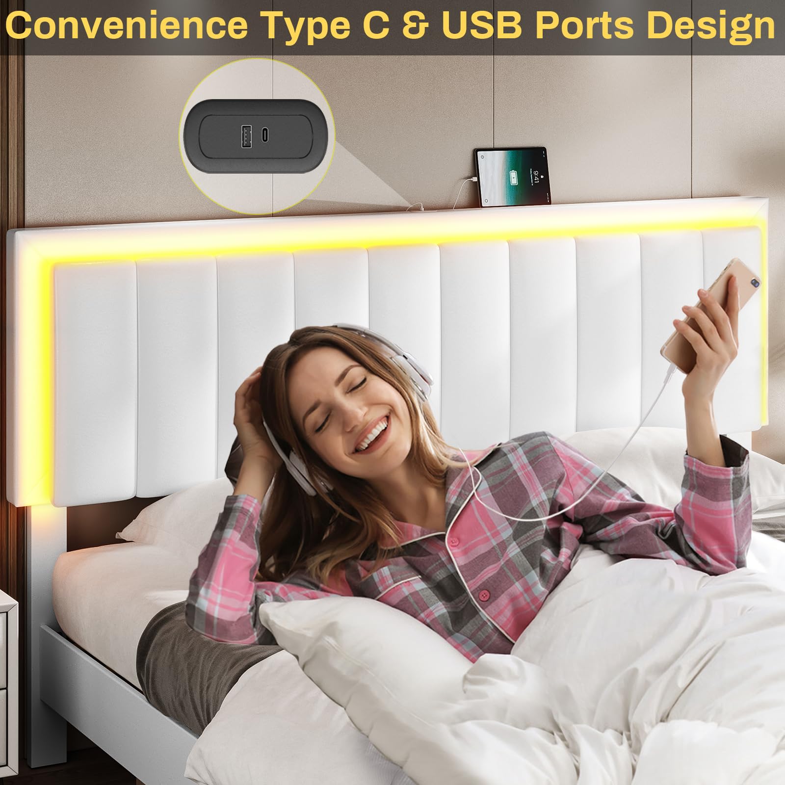 DICTAC Bed Frame King Size with Led Lights and USB Ports Modern King Size Upholstered Platform Bed Frame with Adjustable Headboard Faux Leather Led King Bed Frame,No Noise,No Box Spring Needed, Black