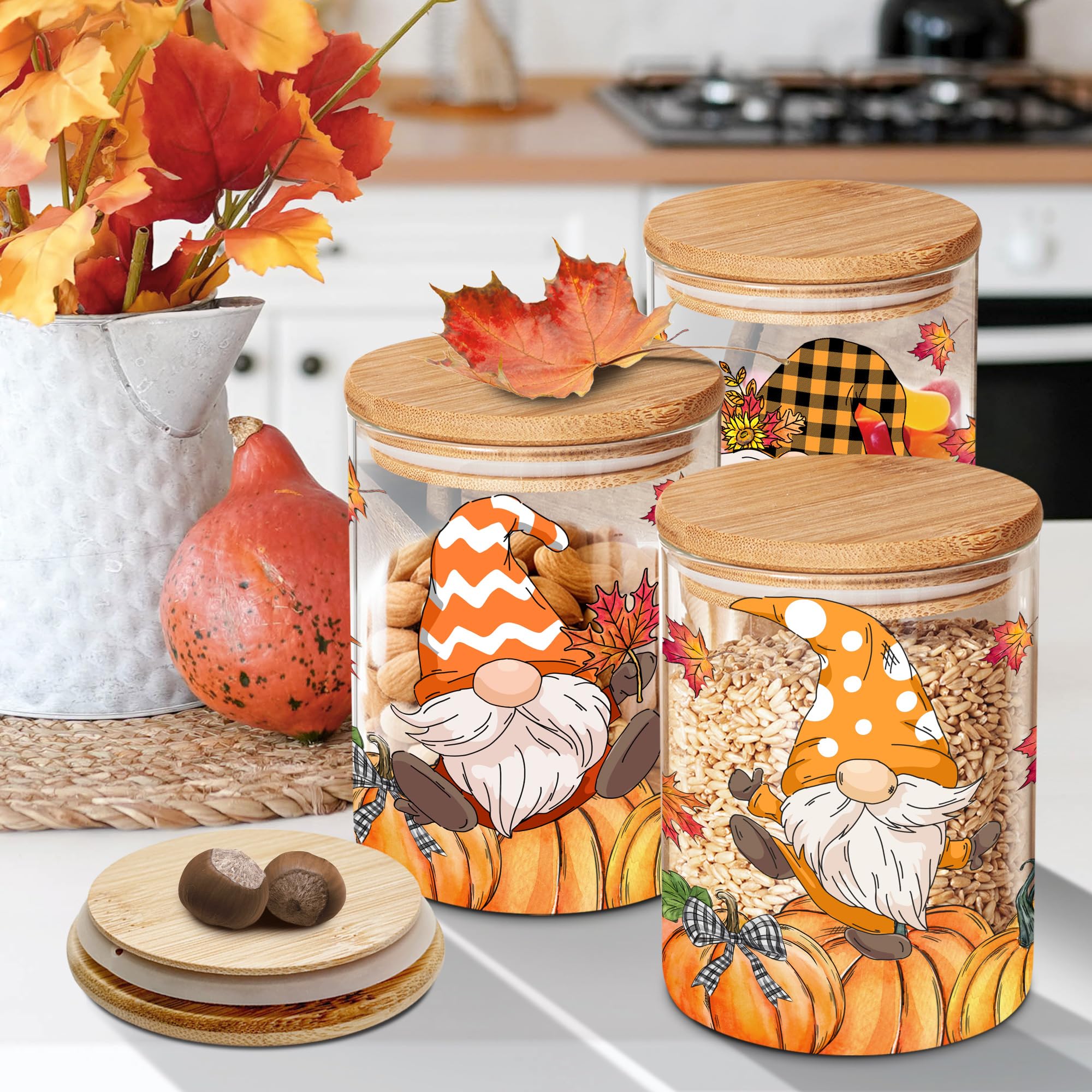 Fall Decor 3 Pack Glass Storage Jars with Airtight Bamboo Lid-Fall Pumpkin Gnomes Canisters Sets for Kitchen Countertop Autumn-Clear Fall Glass Storage Jars for Coffee Bean, Cookie, Candy, Tea, Flour
