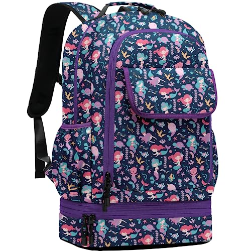 Leaper Water-resistant Cute Mermaid Laptop Backpack Double Deck Lunch Bag Satchel Purple