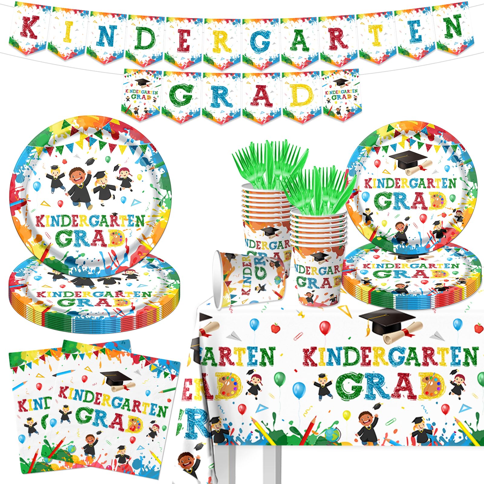 Happy Kindergarten Graduation Tableware Decoration- 142Pcs Kindergarten Tableware Set Include Plates, Napkins Banner Service for 20 Guests Congrats Grad Party Supplies (Tableware)