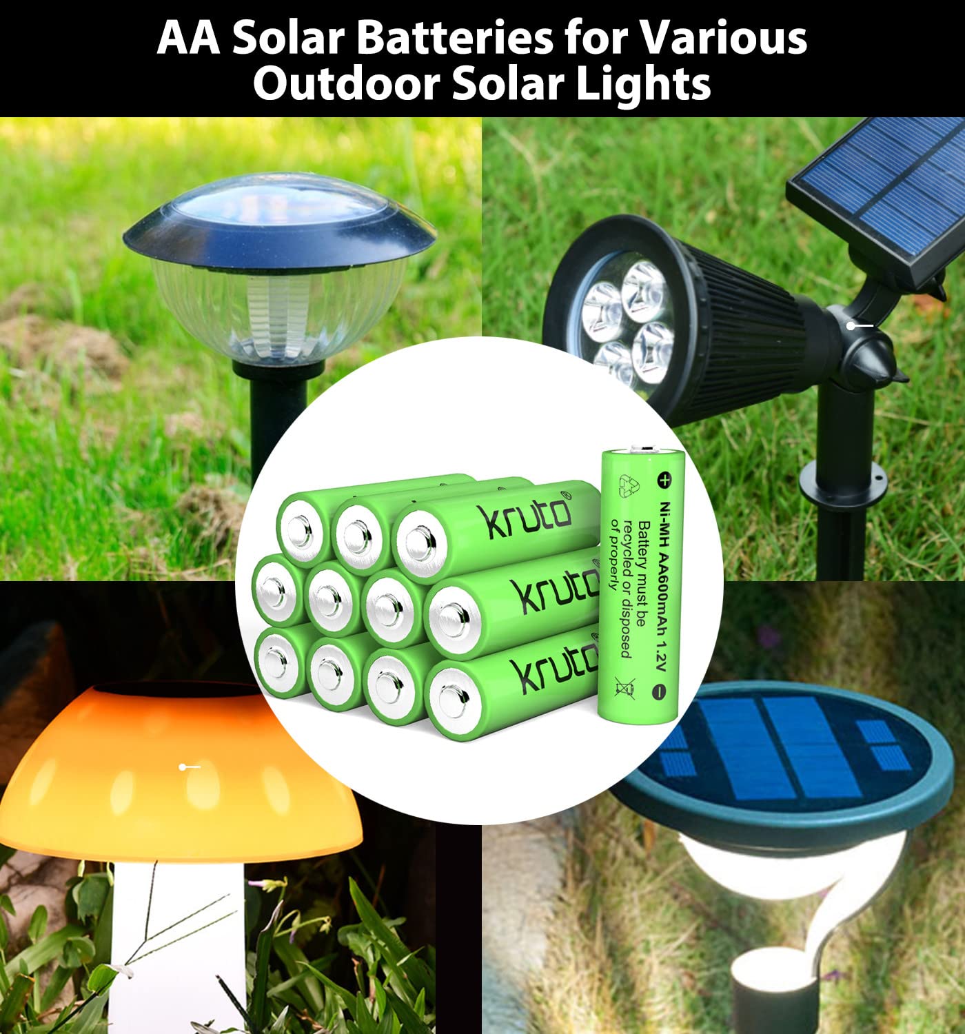 Kruta Solar AA Rechargeable Batteries NiMH 600mAh 1.2v Double A Rechargeable AA Solar Battery for Outdoor Solar Garden Lights, Remotes, Flashlight (AA Pack 12)
