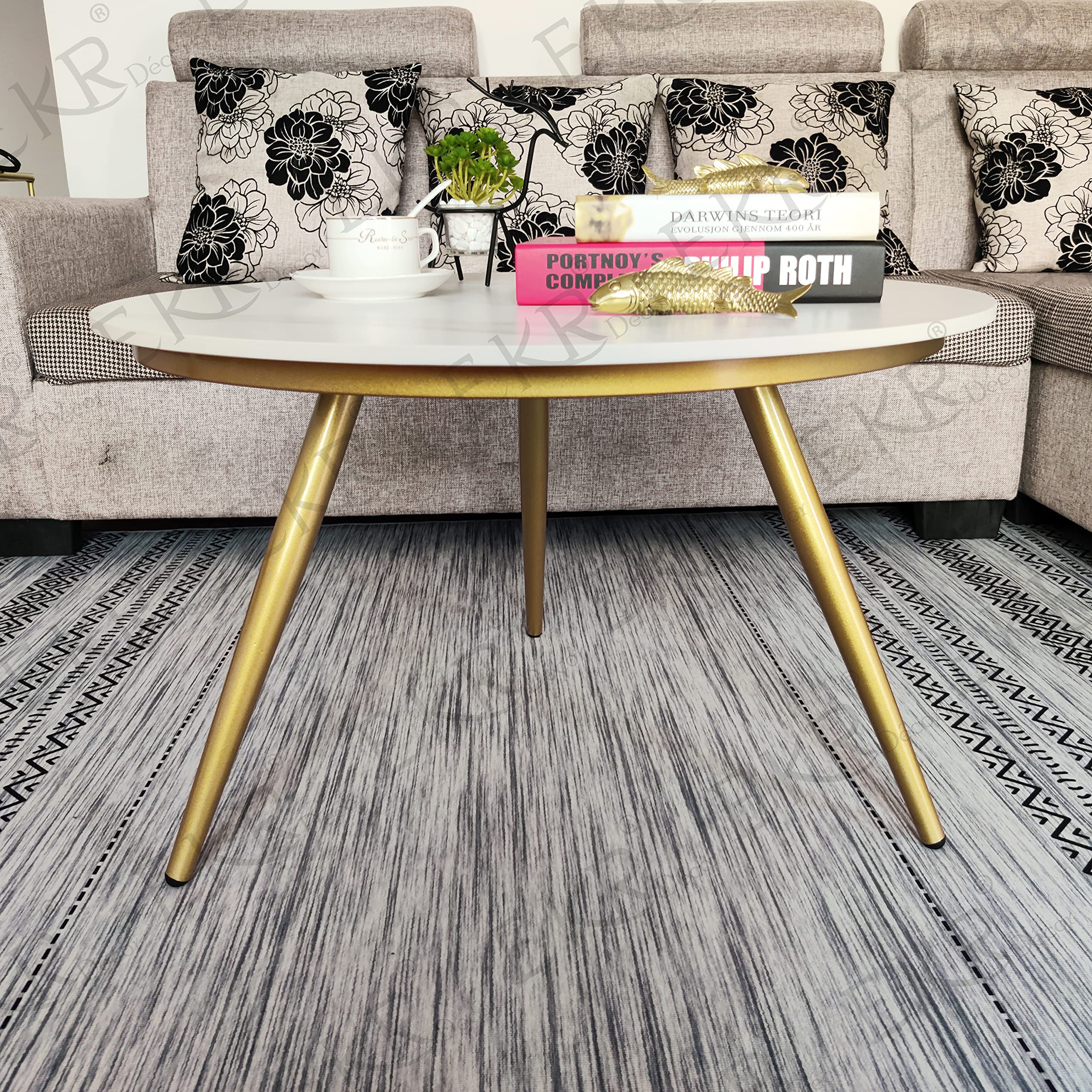 EKR Real Marble Coffee Table Gold Modern Accent Table Round Nesting Table Contemporary Desk Living Room Home Decor (Ø 27.56 inches/Height 17.1 inches Big Size)