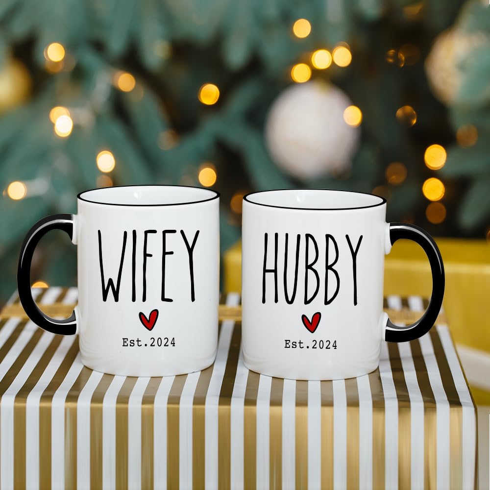 Est 2024 Hubby & Wifey Coffee Mugs Set, Wedding Gift Set of 2 to Give, Bride Groom Mug Set, Couples Coffee Mug Set, Newlywed Coffee Mugs Gift Set, Mr & Mrs Bridal Shower Gift (Black Handle)-5