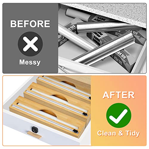 Ziplock Bag Organizer, Wrap Dispenser with Cutter, Plastic Wrap, Aluminum Foil and Wax Paper Dispenser for Kitchen Drawer, Bamboo Roll Organizer Holder