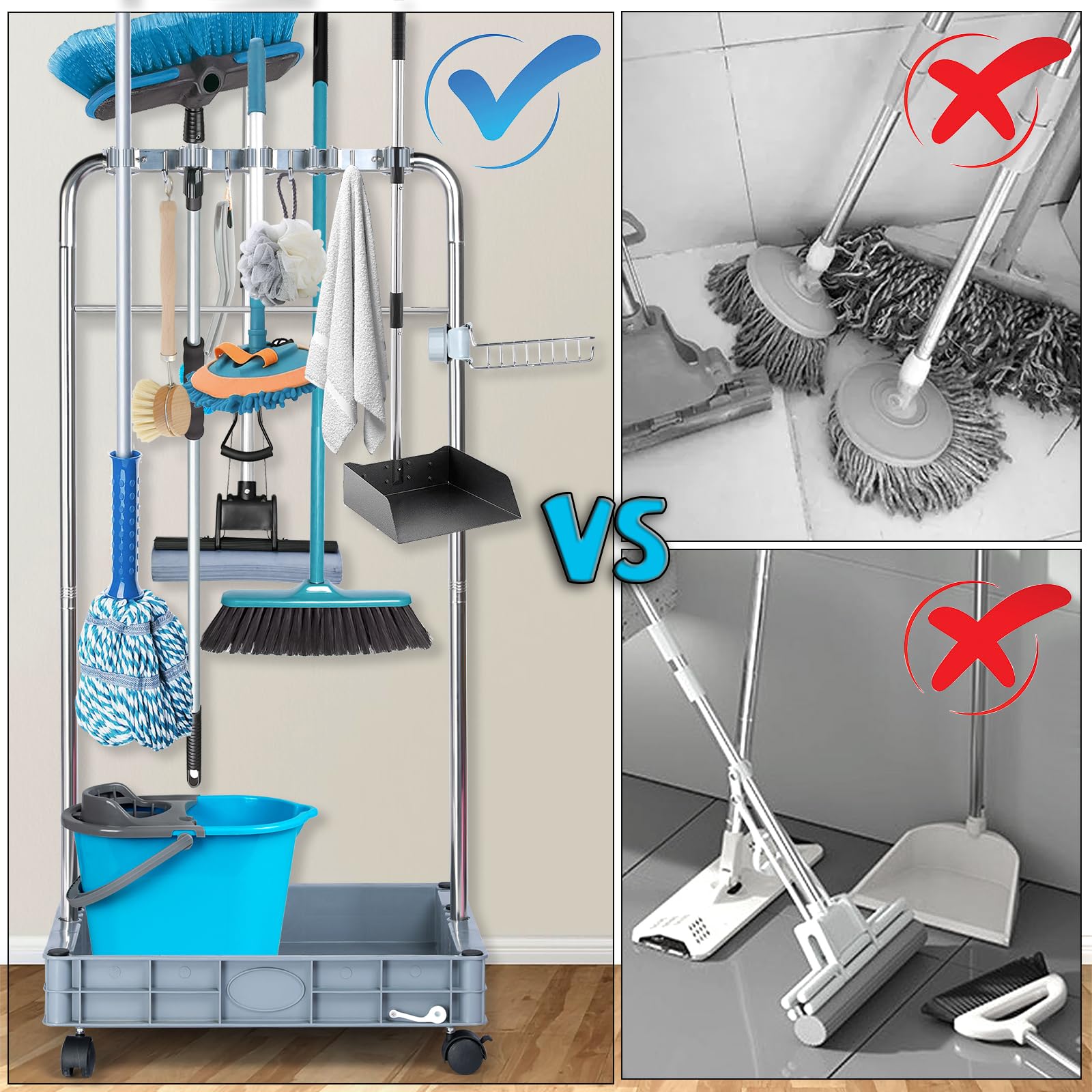 KYDIFS Broom Holder Closet Organizer Cleaning Supplies Storage Tools Cart for Garage Garden Cabinet Home (10-Racks)