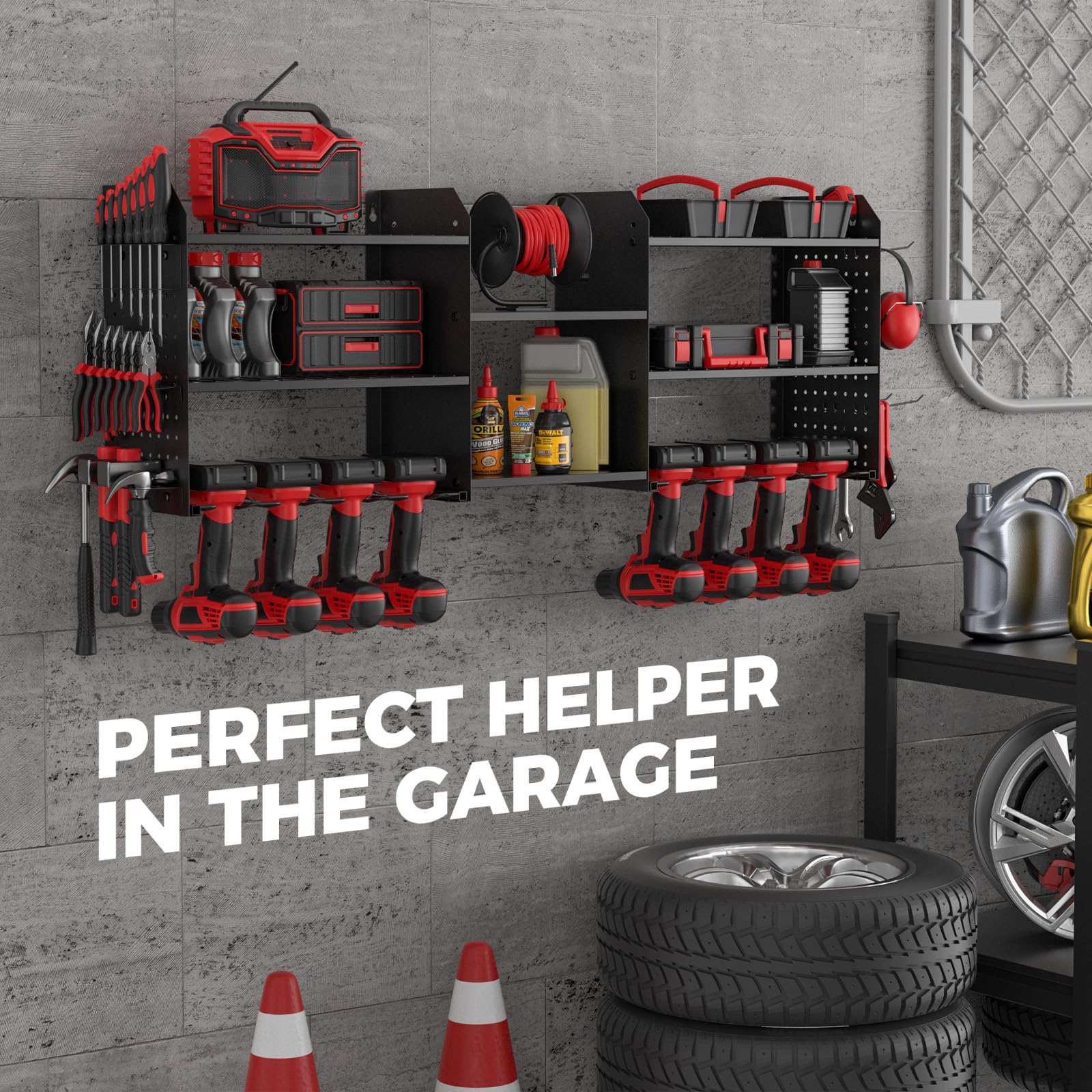 Power Tool Organizer Wall Mount, 8 Drill Tool Organizer, 3 Layer Heavy Duty Metal Tool Storage Rack and Garage Organizer with Hammer Rack/Plier Rack/Screwdriver Rack/Hooks (8 Drill Tool Organizer)