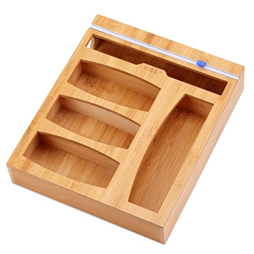 Ziplock Bag Organizer, Oil and Plastic wrap Organizer 5 in 1 Bamboo foil Dispenser with Cutter and Labels for Kitchen Drawers or Wall Mounted