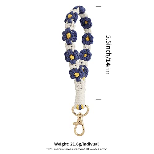 XGALBLA Cute Macrame Keychain Boho Handmade Wristlet Bracelet Keychain Floral Country style Wrist Lanyard Handmade Weave Exquisite Holder for Women(Blue)