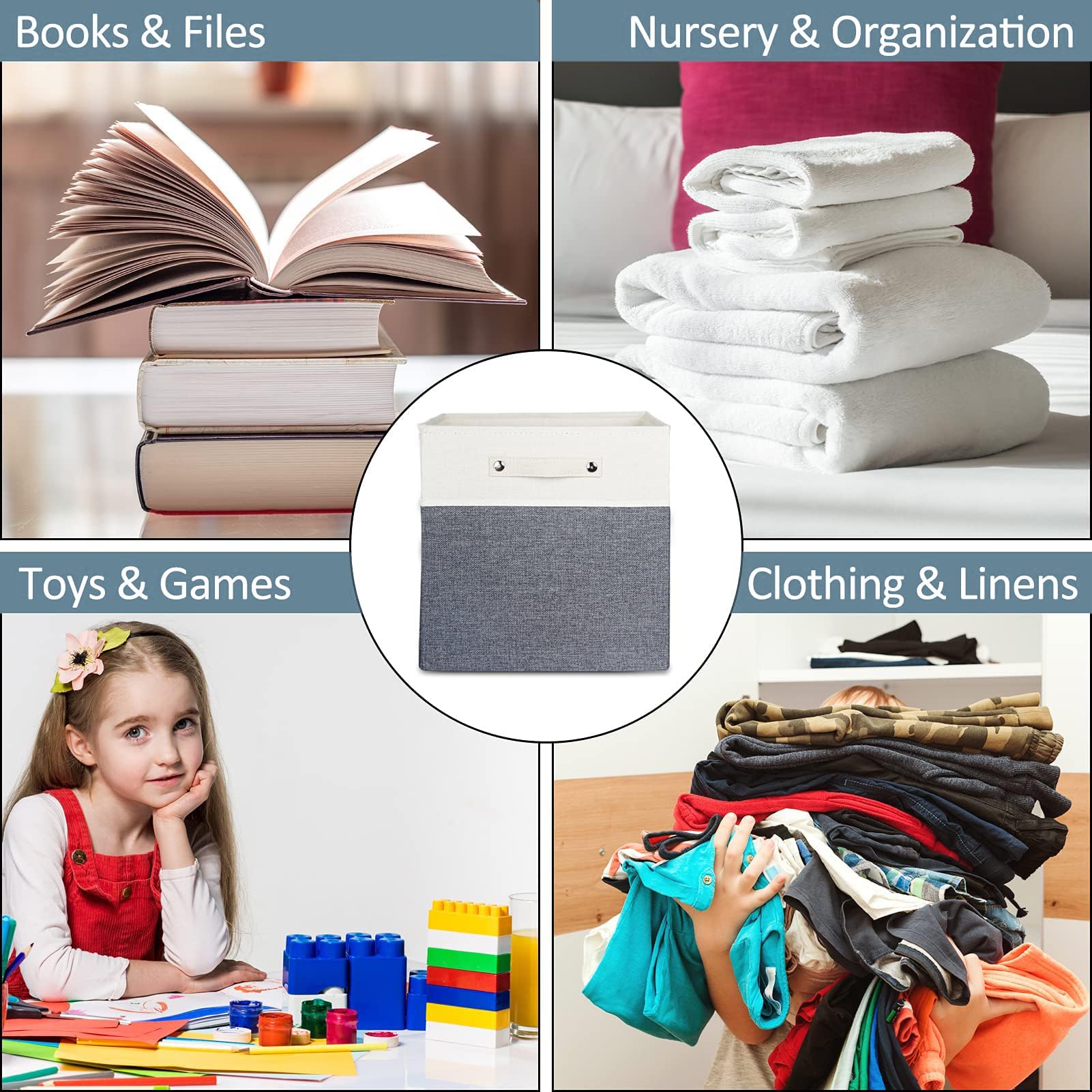 FinishingBo 13x13x13 Cube Storage Bins, Collapsible Fabric Storage Cubes Organizer , Foldable Large Storage Baskets for Nursery, Toys Organizing Closet, Shelf Cabinet(6Pack, White and Grey